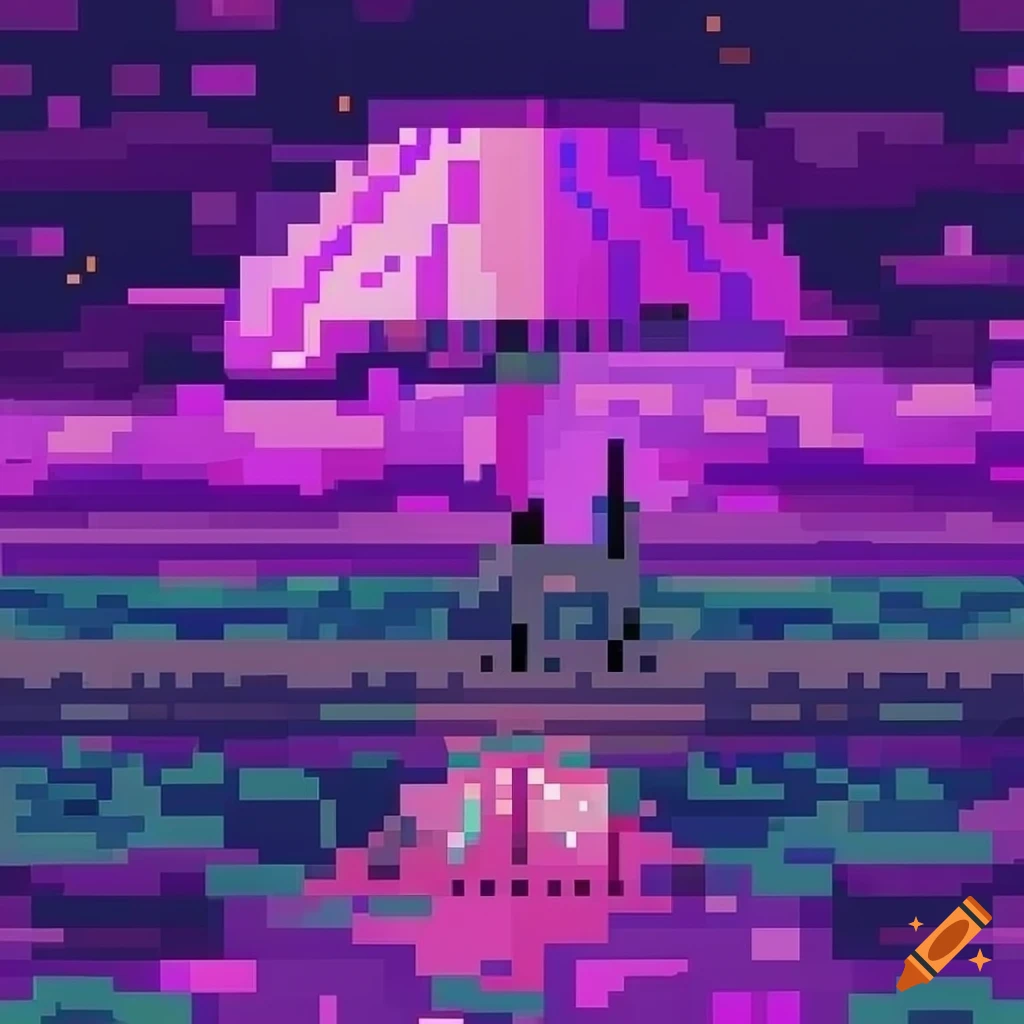 Pixel art of umbrella under purple sky in city with rain and moon on ...