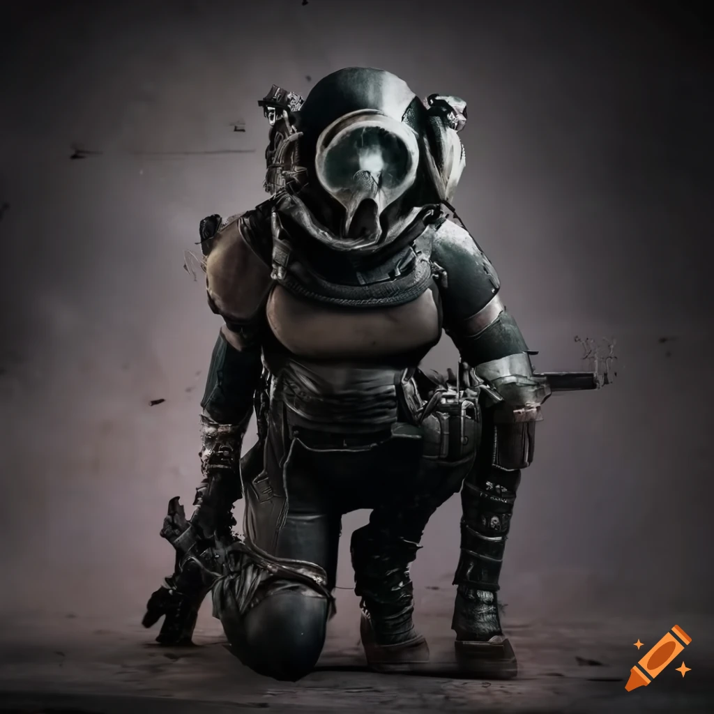 Close-up of post-apocalyptic female infiltrator with smg in ruined ...