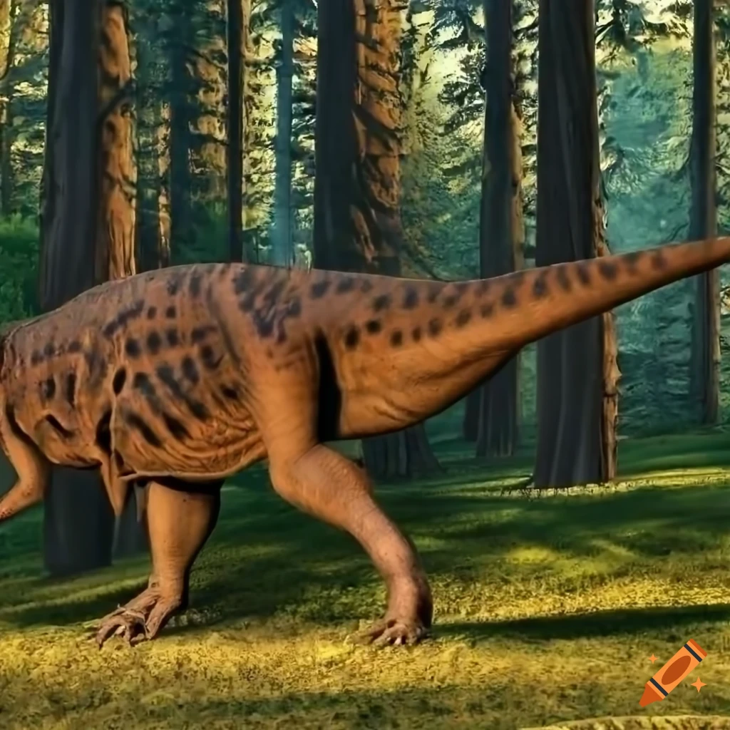 Hefty hadrosaurus dinosaur with intricate motley color pattern and detailed scaly skin in a ...