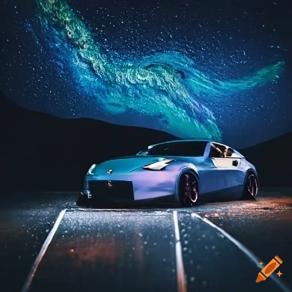 Nissan 370z under a starry night on a wet road on Craiyon