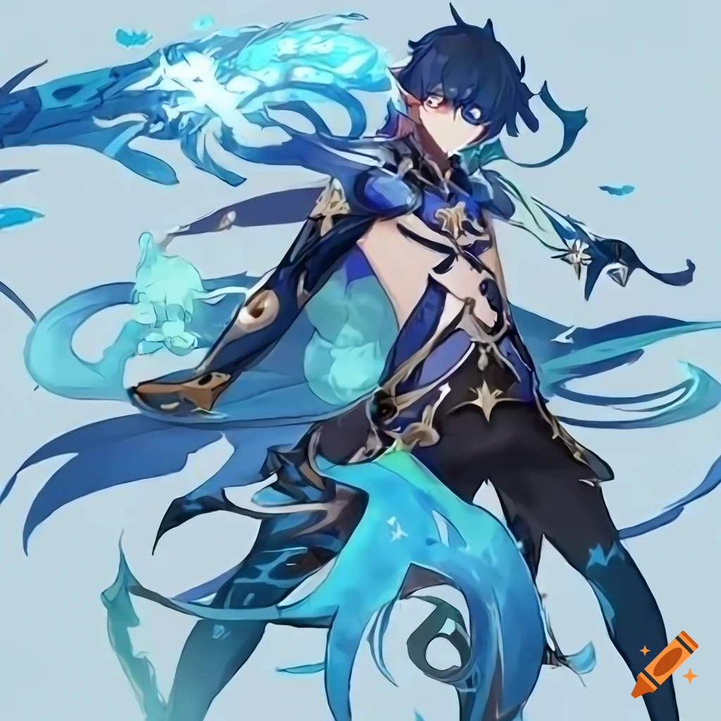 Hydro male character from genshin impact in fullbody art on Craiyon