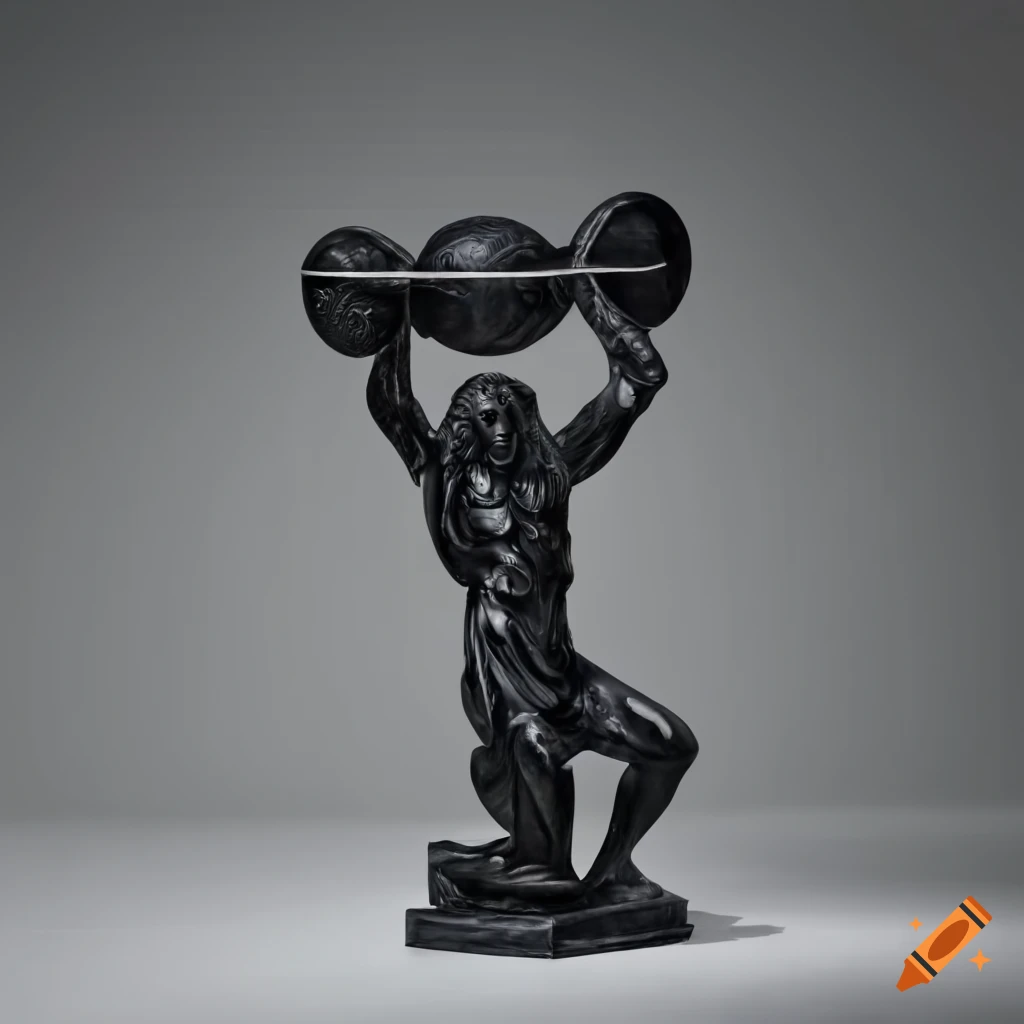 Intricately carved black marble statue of Atlas holding up a wooden ...