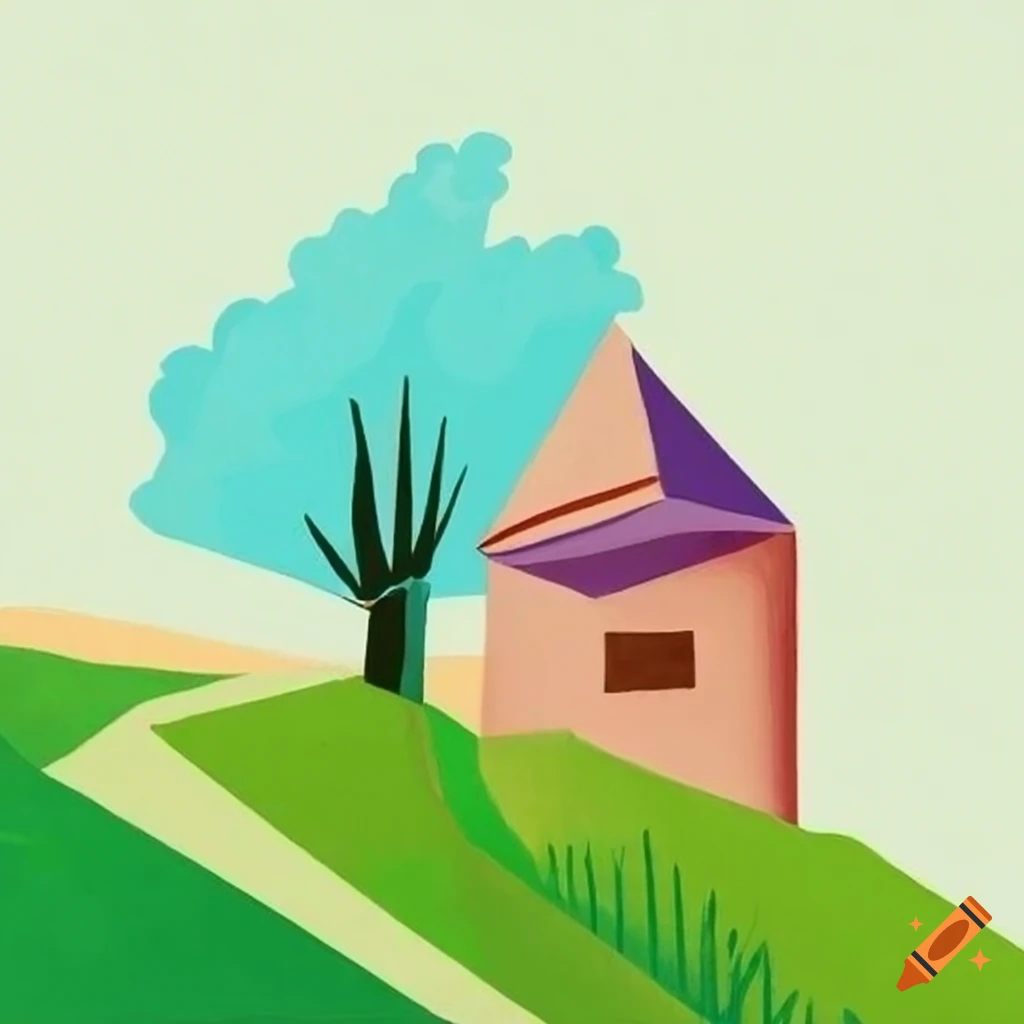 Cubist drawing of a tree and a hut on a hill on Craiyon