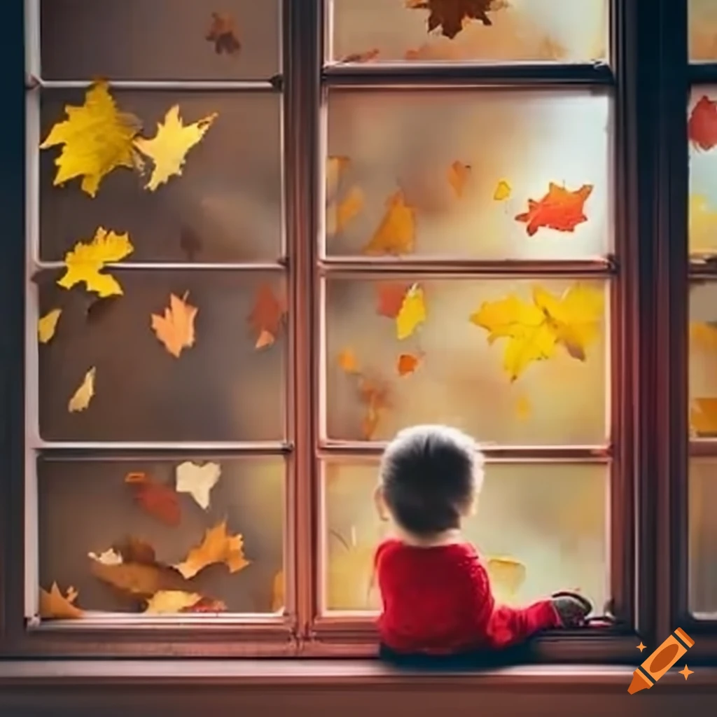 Kid looking out window at fallen leaves in fall on Craiyon