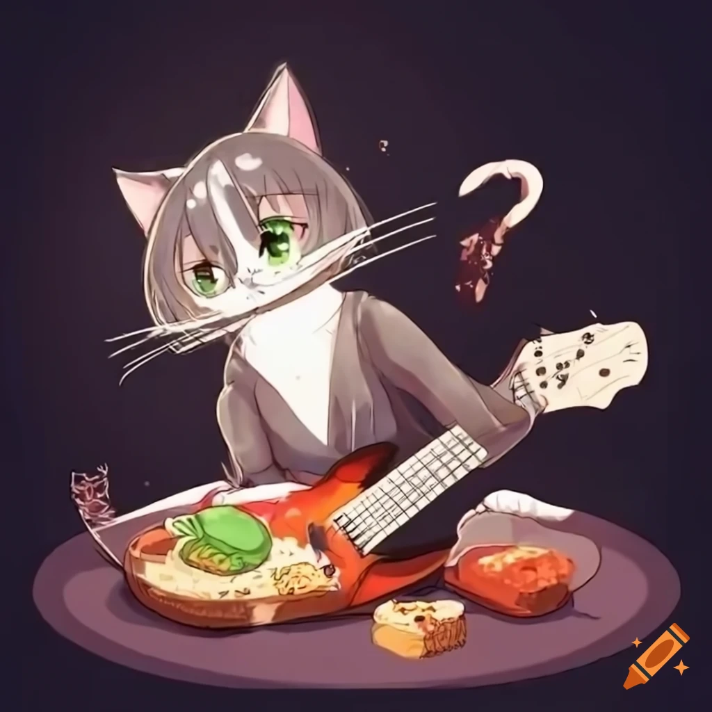 Anime cat playing electric guitar while cooking on Craiyon