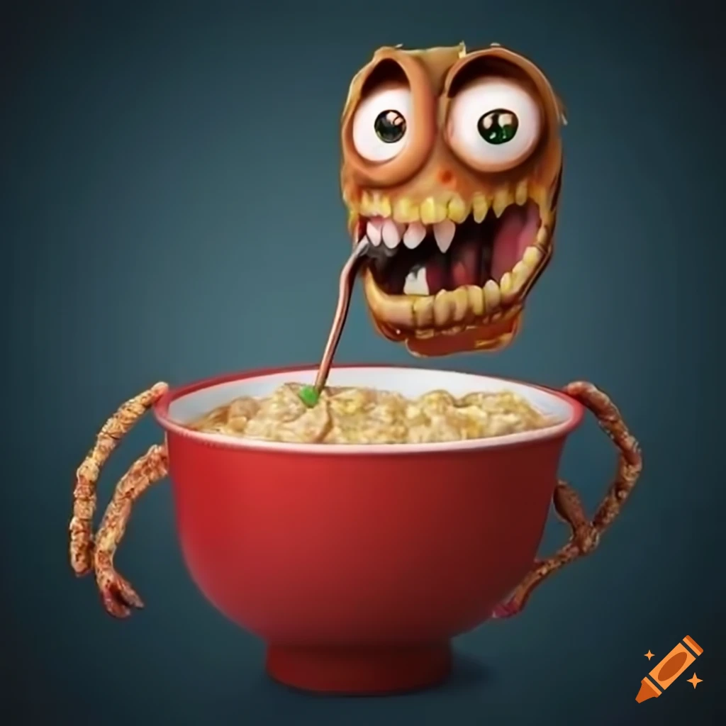 Porridge monster climbing out of its bowl with a spoon in its mouth on ...