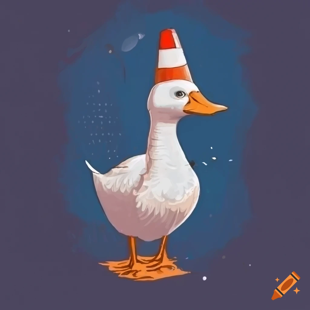 Illustration of a duck with a traffic cone in a night cityscape on Craiyon