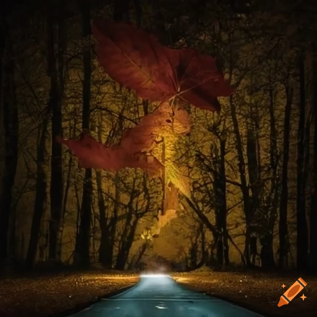 Lonely leaf falling near sewer hole on rainy night with car passing by on Craiyon