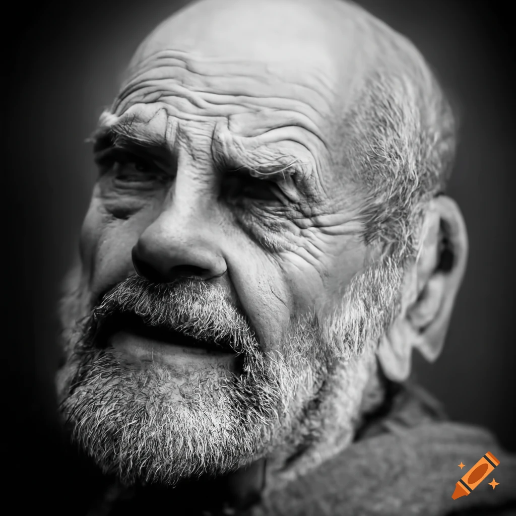 Happy and wrinkled old bald man in black and white on Craiyon