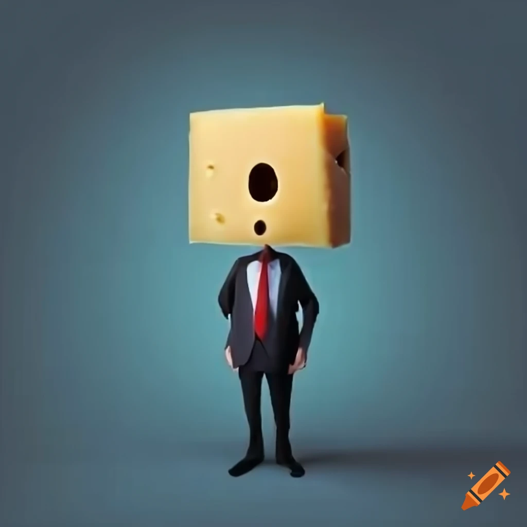 Corporate executive in a business suit with a head made of cheese on ...