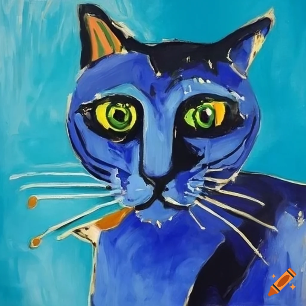 Abstract goofy cat painting in blue by henri matisse on Craiyon