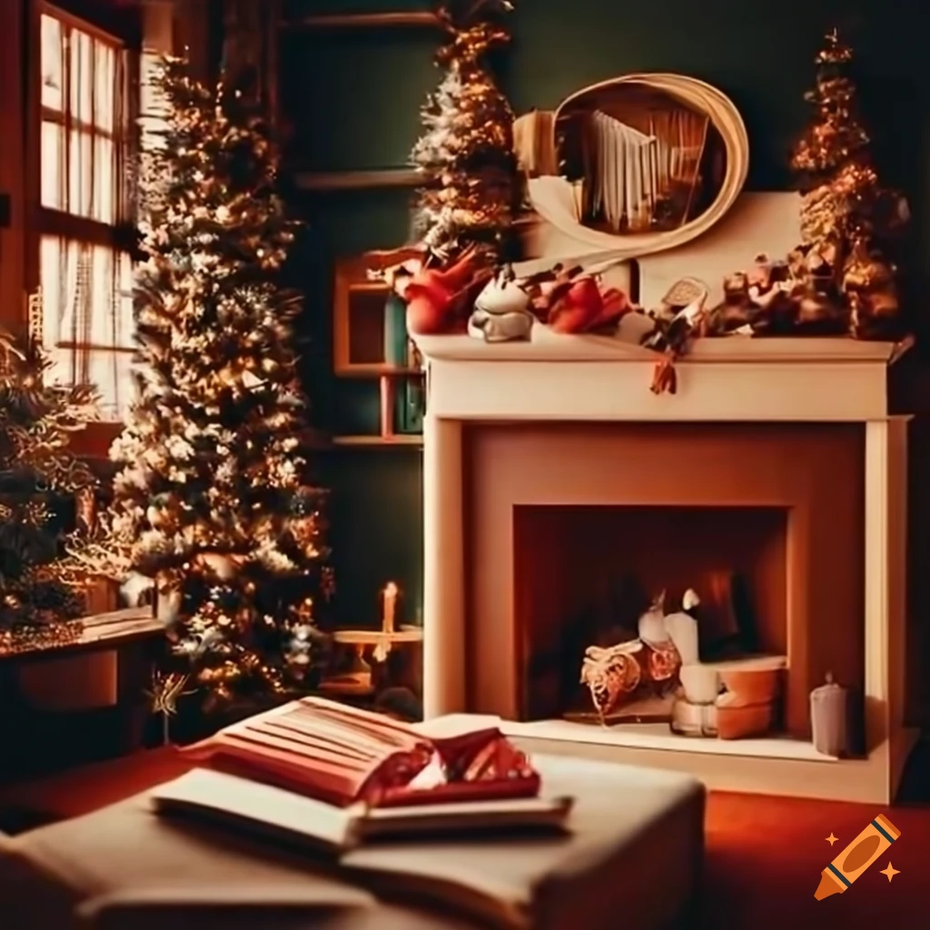 Festive Christmas-themed living room with cozy blankets and bookshelves ...