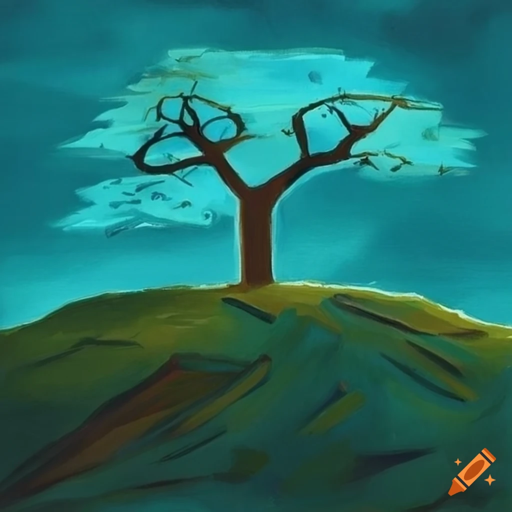 Cubist drawing of tree on a hill on Craiyon