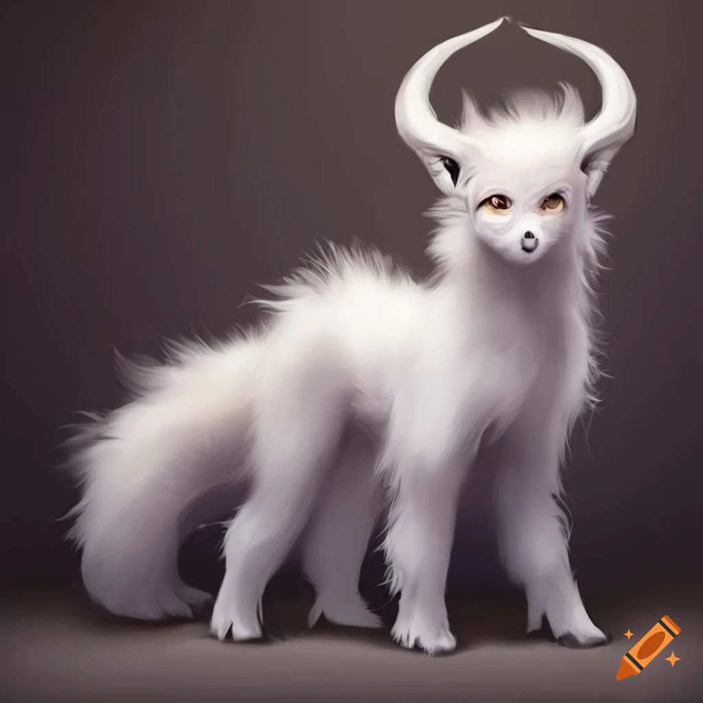 Giant fluffy white fantasy creature with horns and three legs on Craiyon