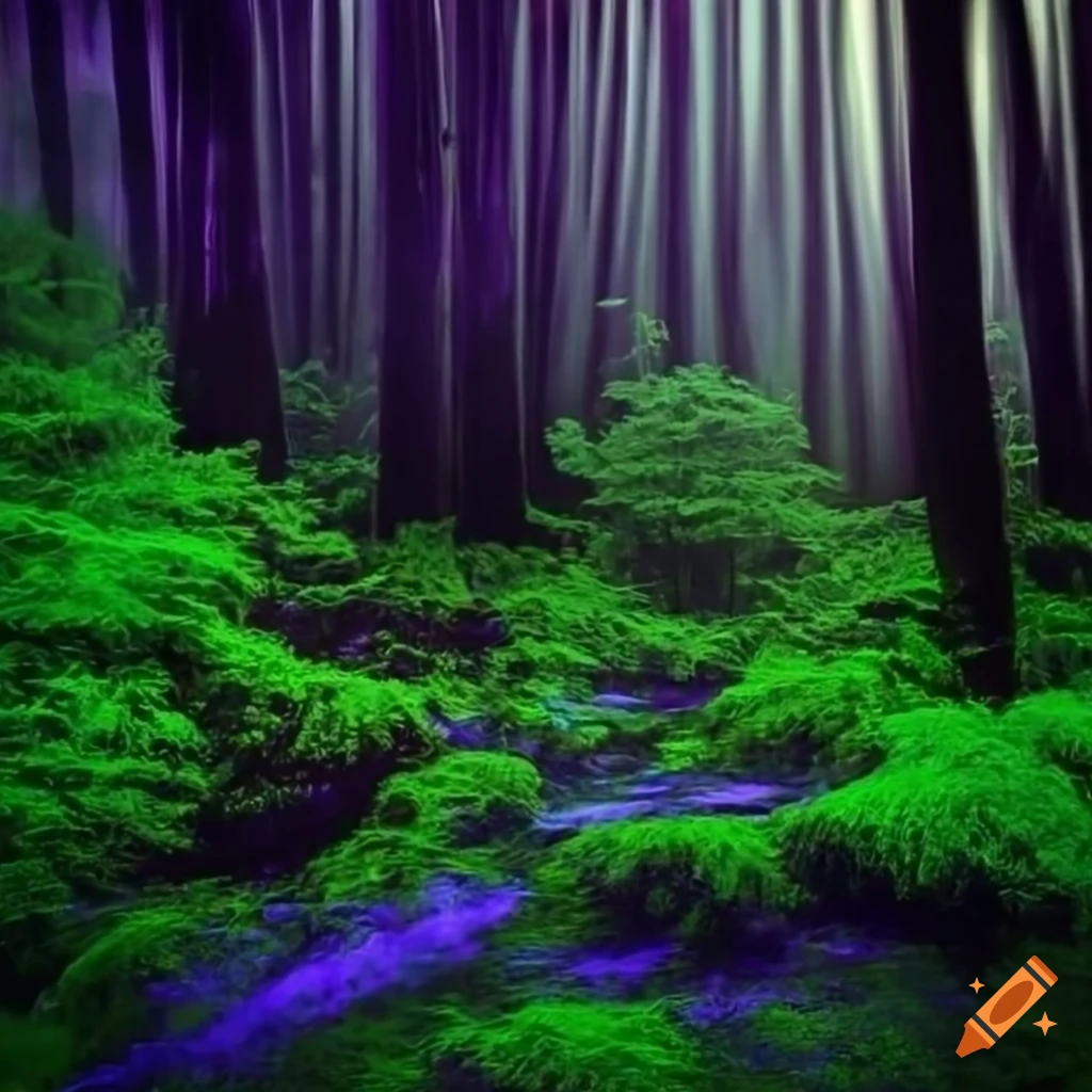 Shimmery forest with purple haze and emerald undergrowth in a ...