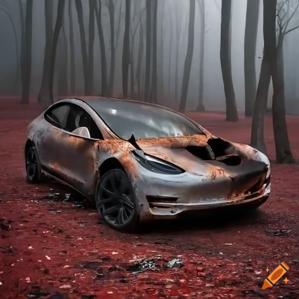 Burned out rusted broken tesla model 3 in a foggy and dark red forest ...