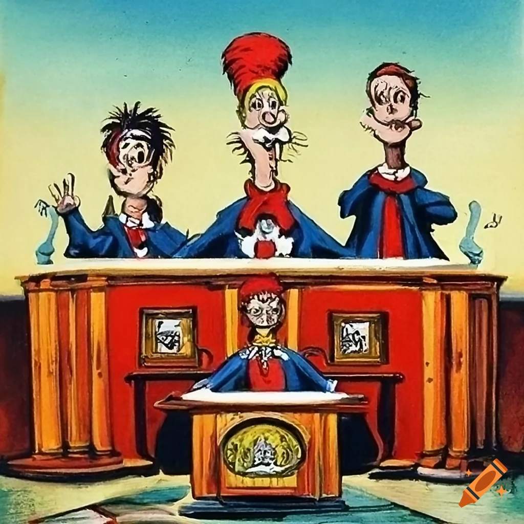 Colorful humorous book illustration of judges in court on Craiyon