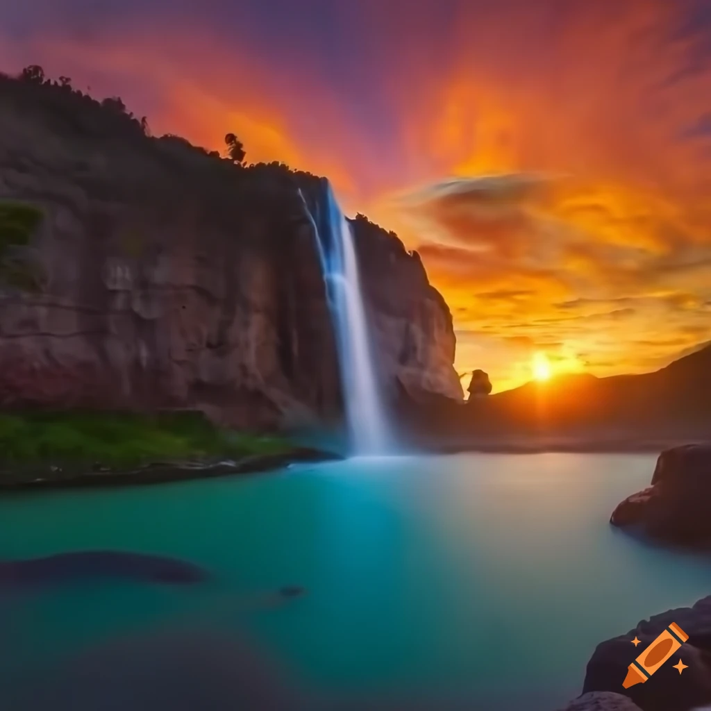 Vivid high-definition sunset waterfall in 8k resolution on Craiyon