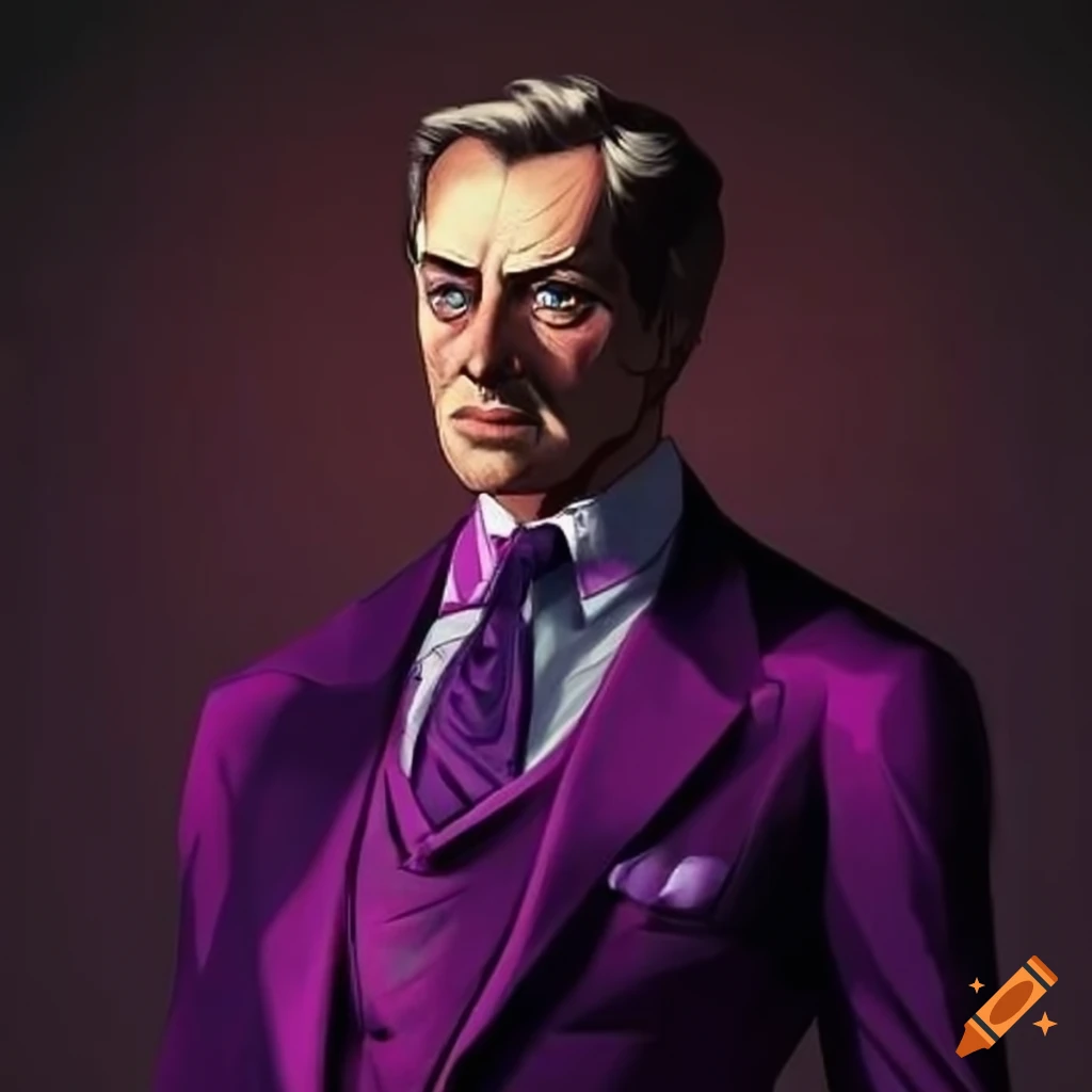 Dapper emperor in a classic suit with purple tie on Craiyon