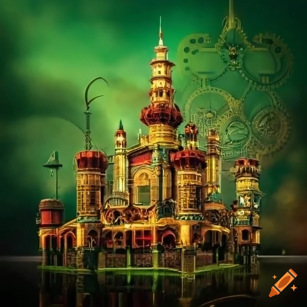 Steampunk renaissance style cityscape with green, red, and golden ...