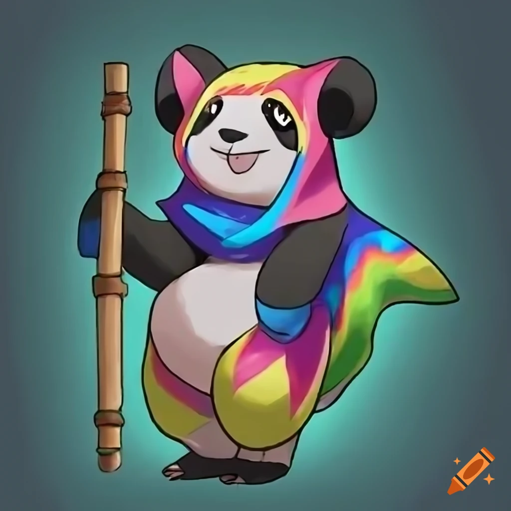 Panda in vibrant cloak and rainbow ears with bamboo staff in pokemon ...