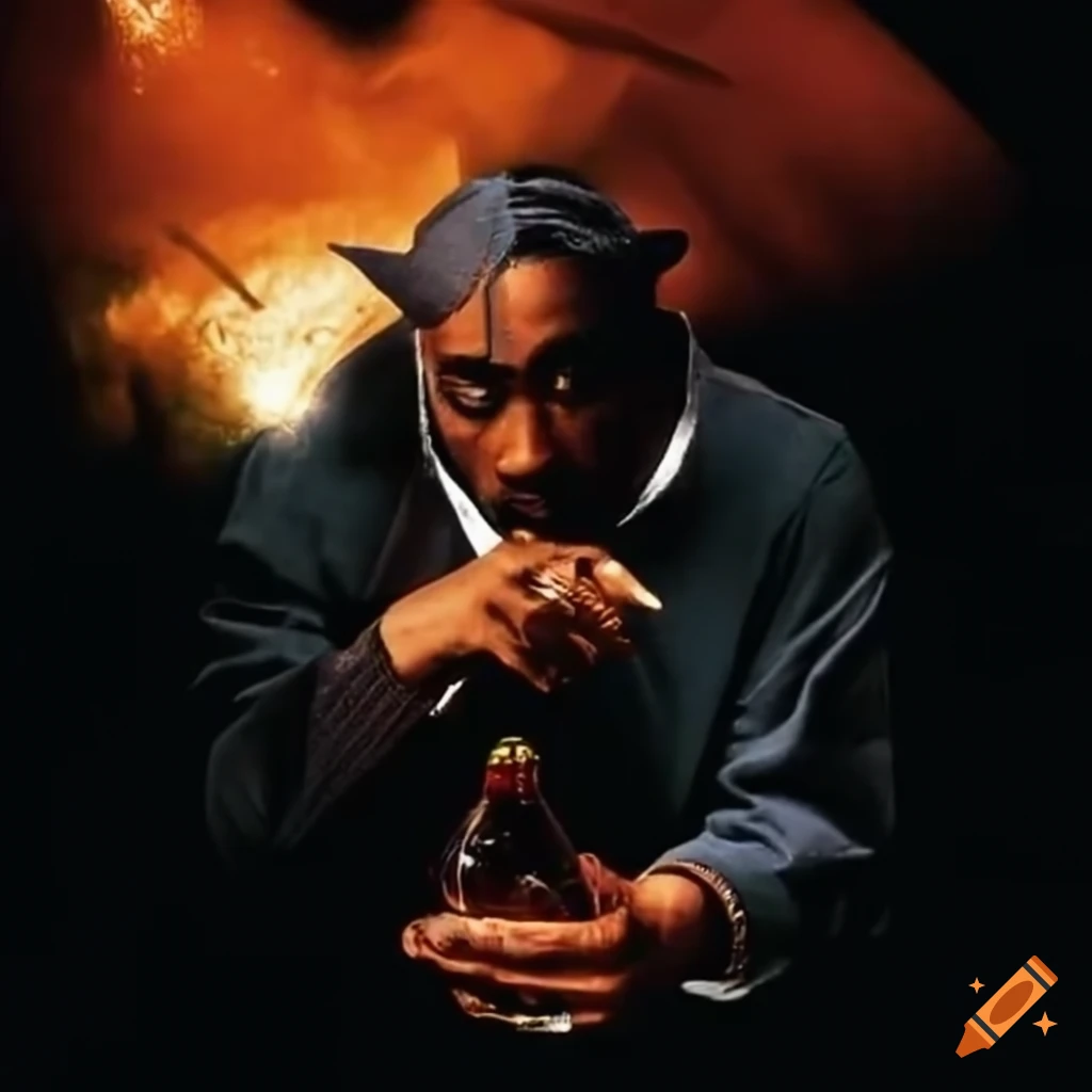 Rapper 2pac with the world in one hand and a bottle of Hennessy in the ...