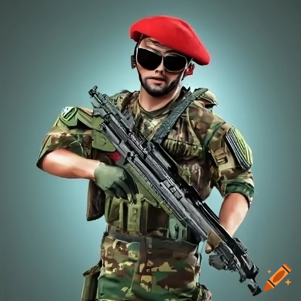 Military officer in red beret and sunglasses with MP5 SMG in jungle ...