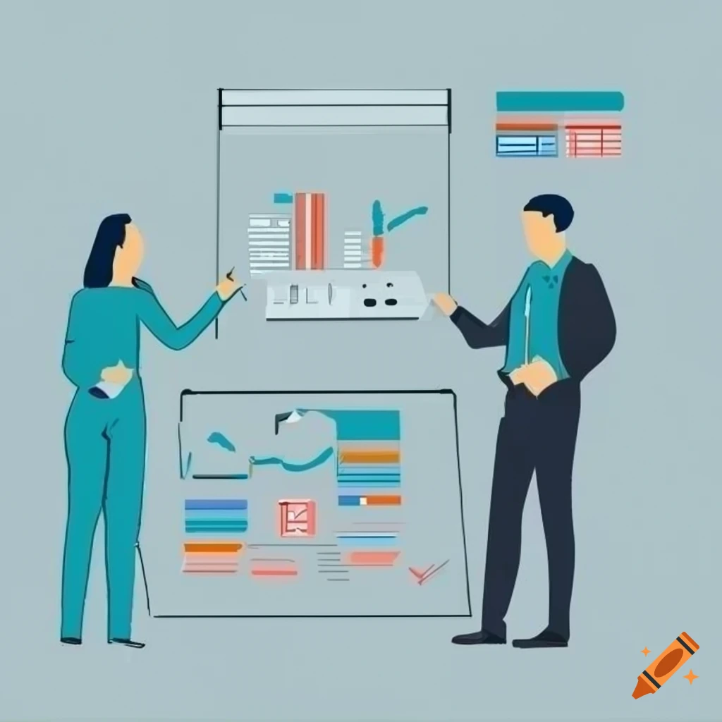 Minimalist illustration of man and woman using data analytics in a ...