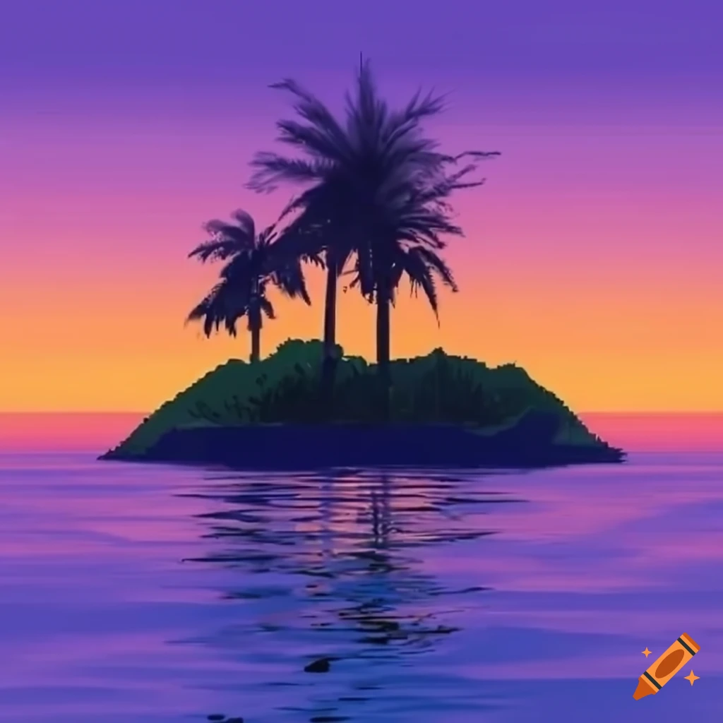 Pixelated lake at sunset with palm trees in ps1 style graphics on Craiyon