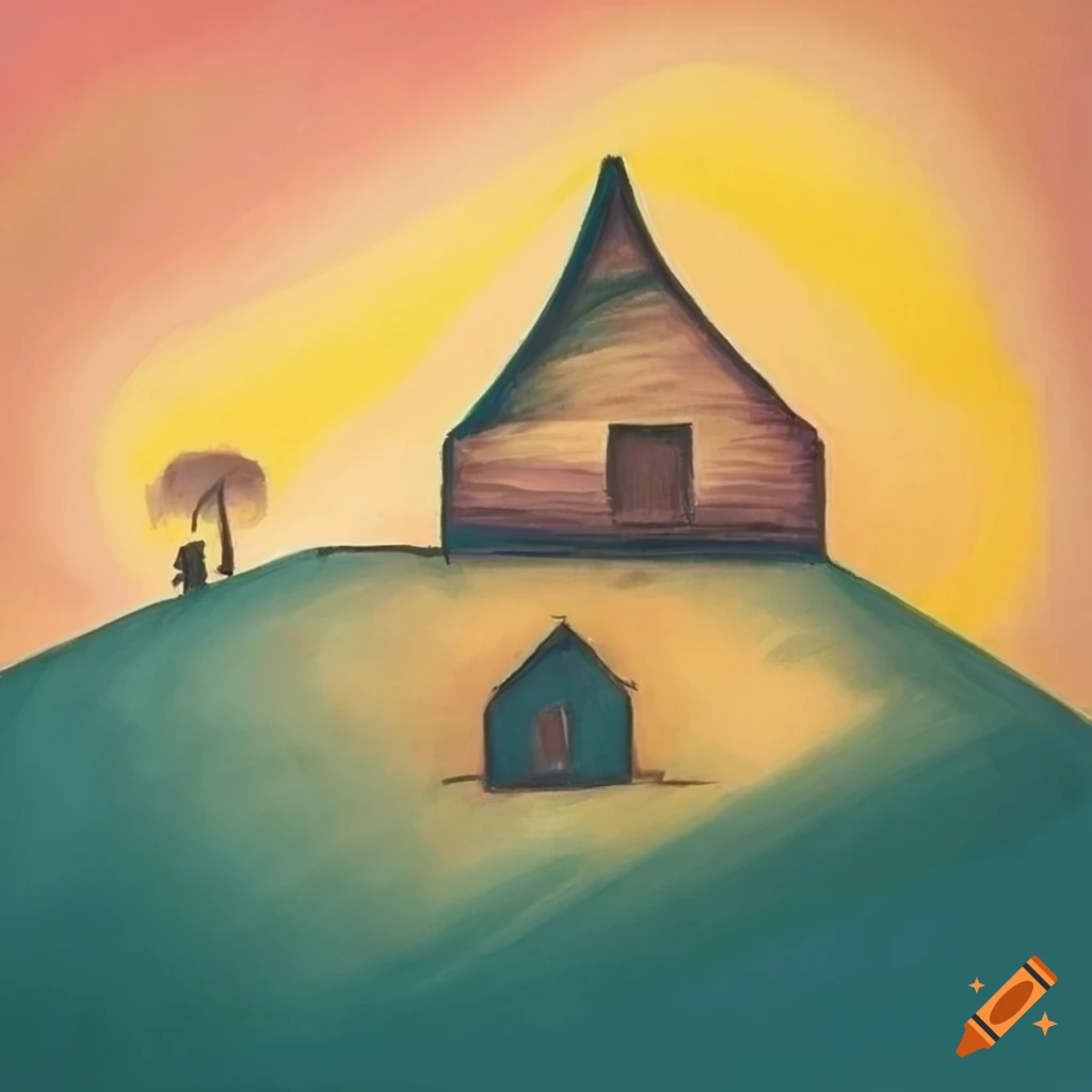 Cubist drawing of a tree and a hut on a hill on Craiyon