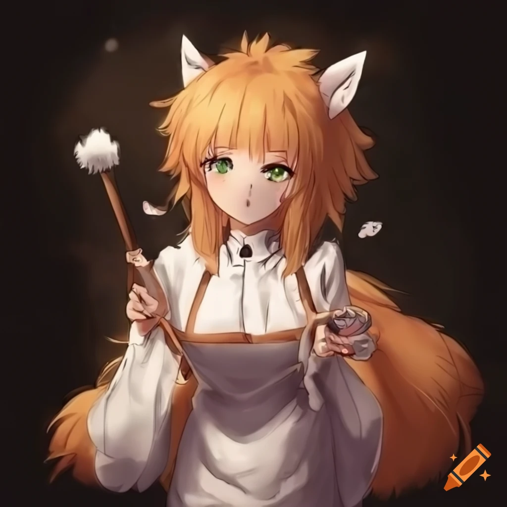Anime girl chef with fox features in medieval fantasy setting on Craiyon