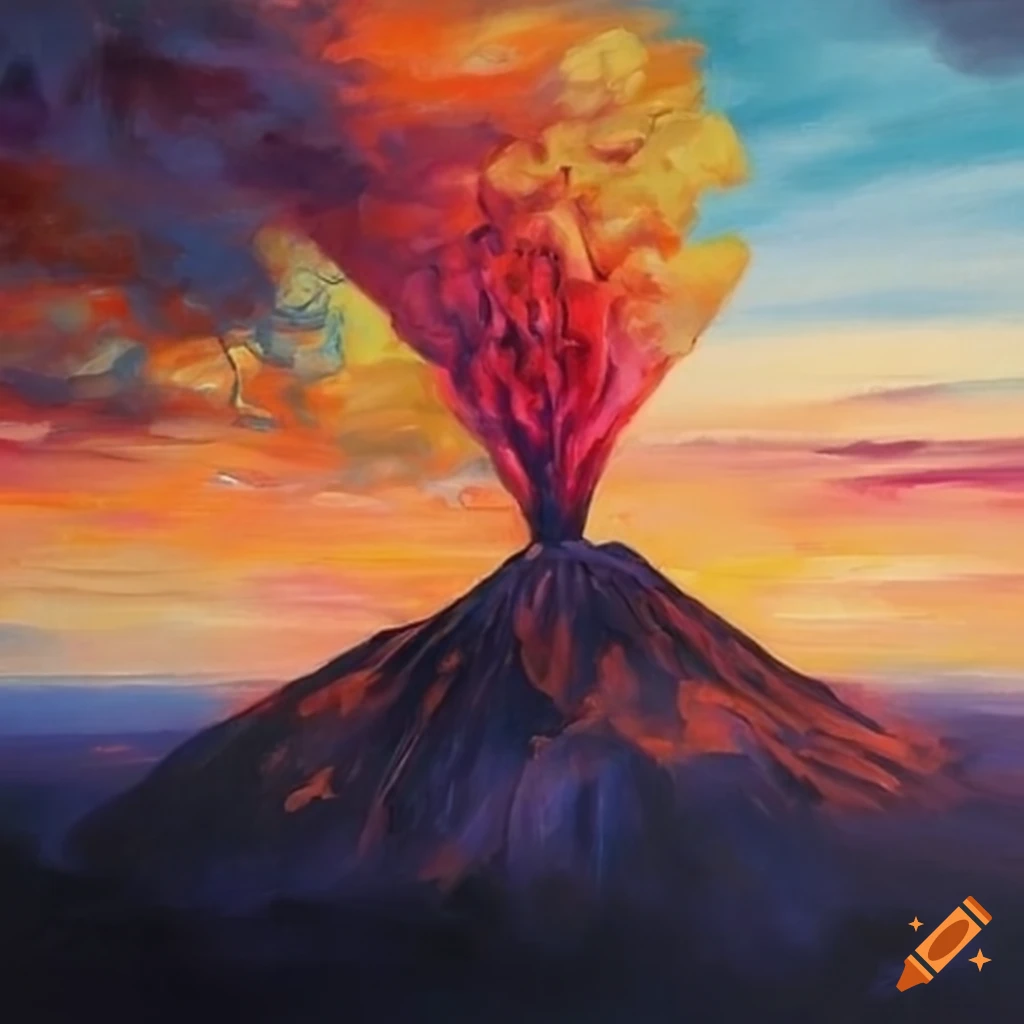 Volcano at sunset in a romanticist painting on Craiyon
