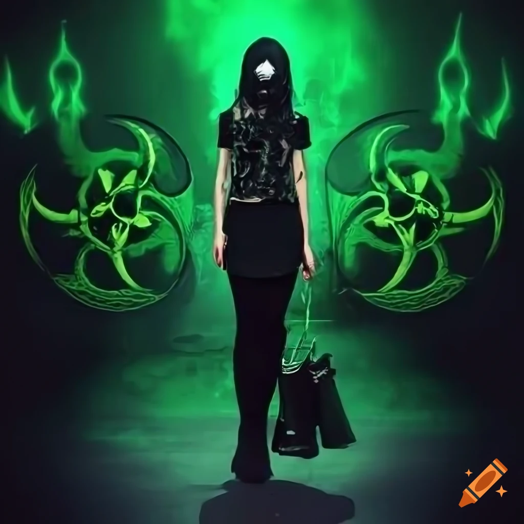 Cyberpunk goth girl with gas mask, engulfed in green flames on Craiyon