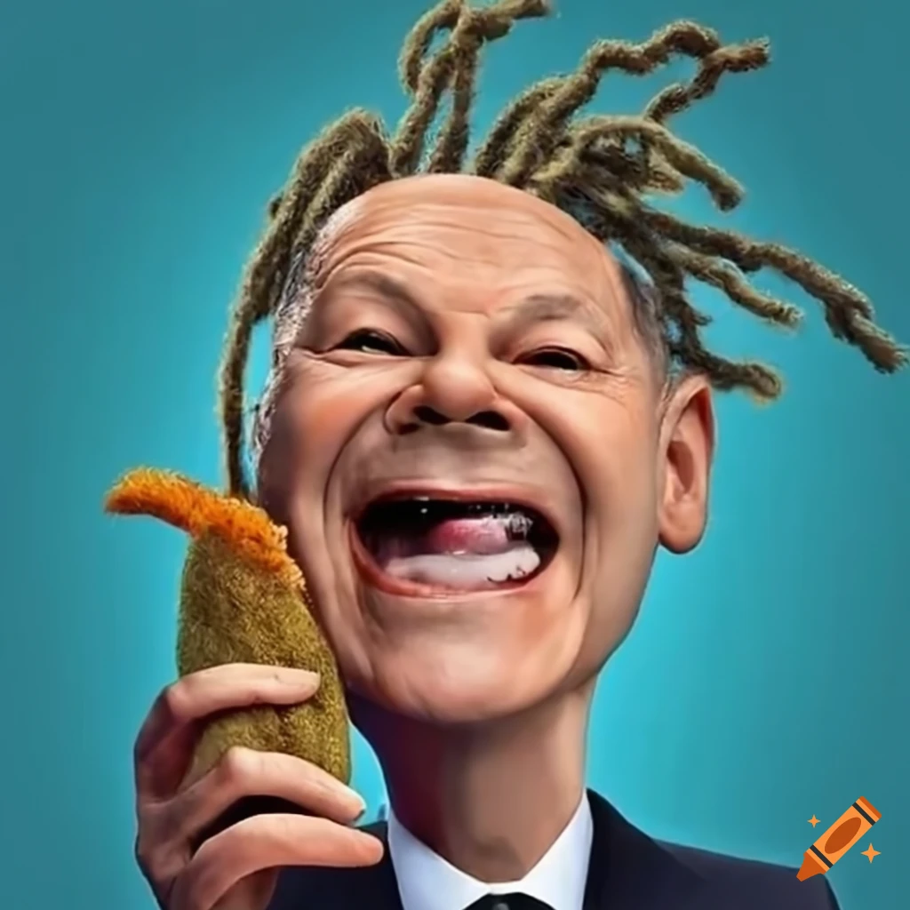Chancellor olaf scholz with dreadlocks biting into a fish bun on Craiyon
