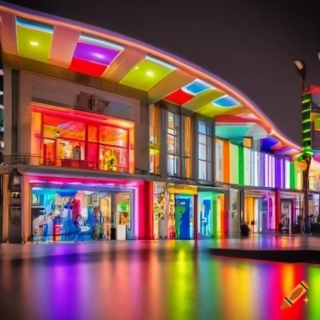 Lively and colorful kids' shopping center exterior architecture on Craiyon