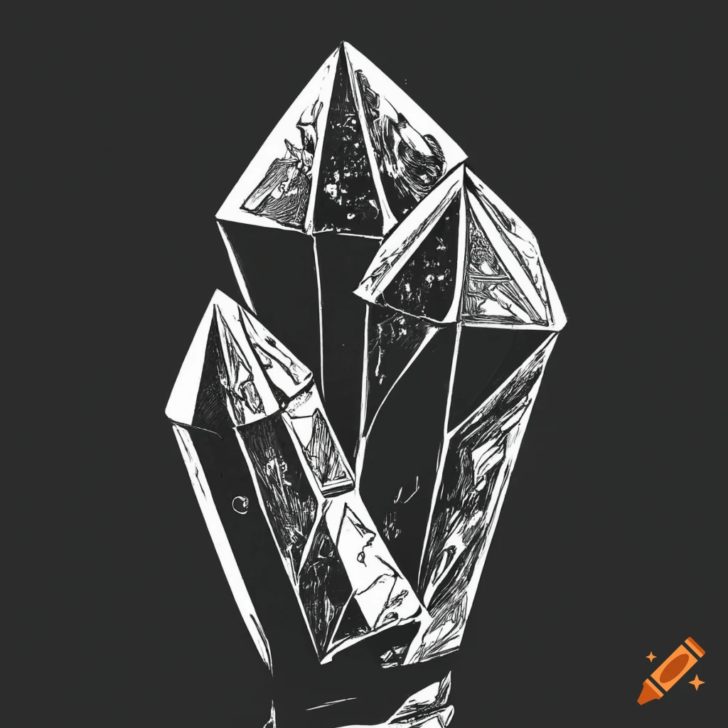 Black and white drawing of three crystal outlines on Craiyon