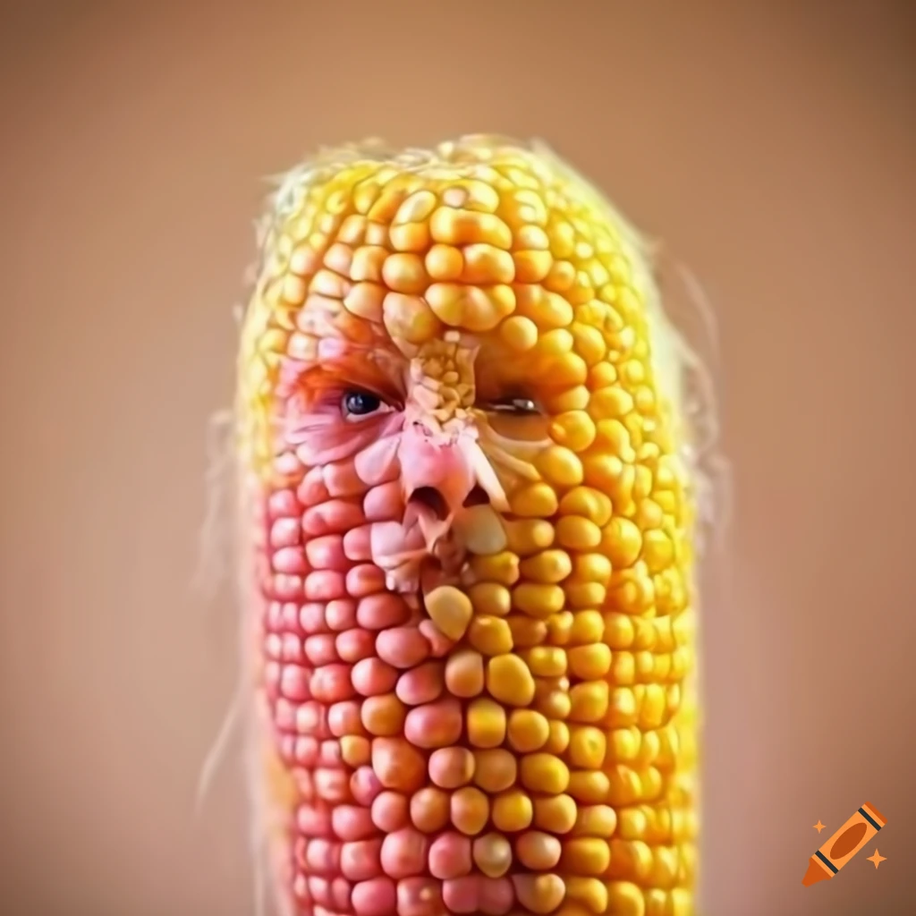 Portrait of a corn cob resembling a woman with a nose ring and a pink ...