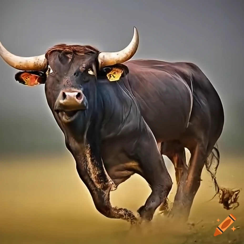 Bulls running in a field with cows on Craiyon