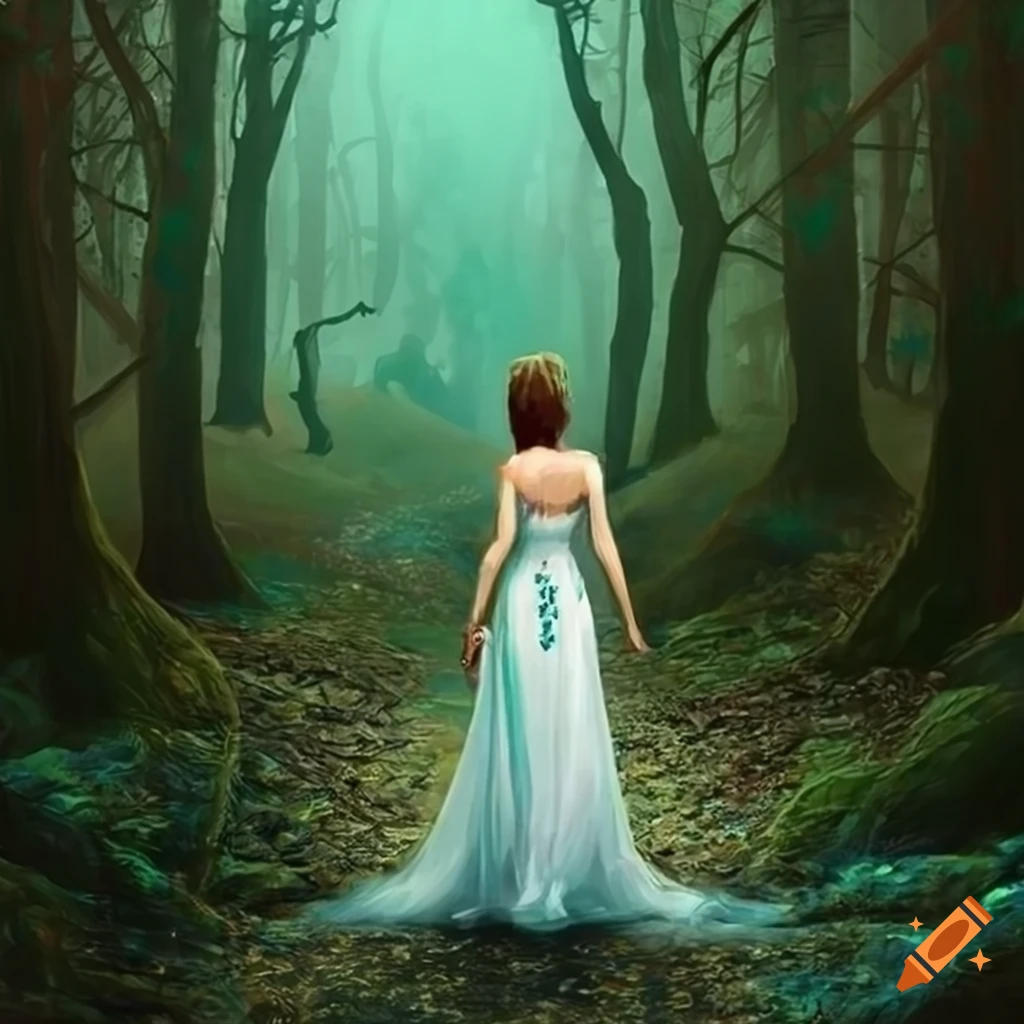 Lady in flowy dress walking on a path through the woods in fantasy art ...