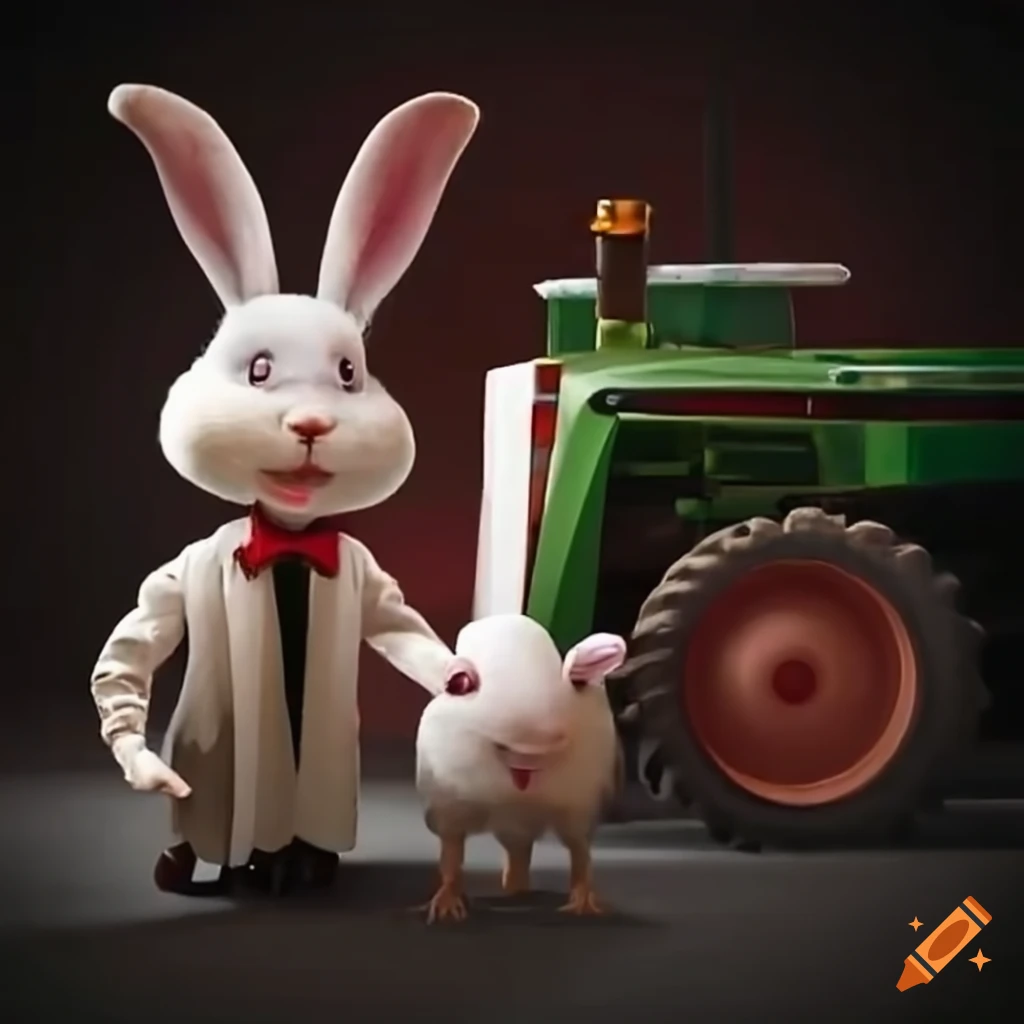 Magician with a white rabbit in front of a tractor on Craiyon