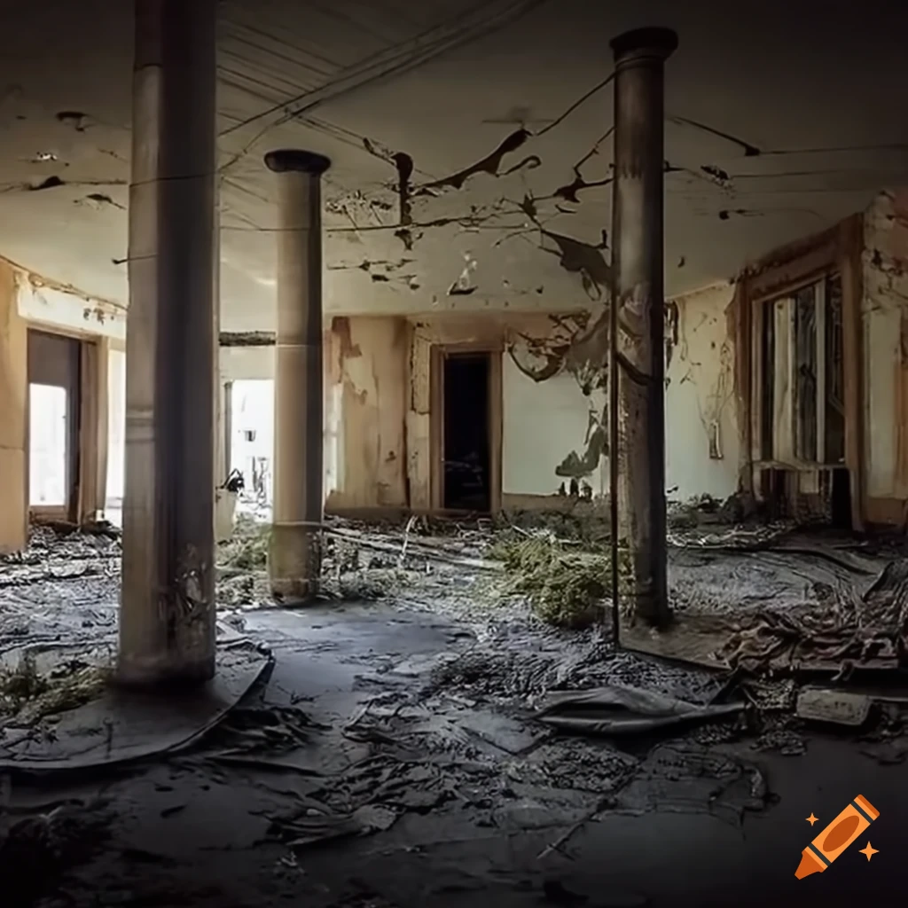 Detailed photograph of the exploration of an abandoned hotel on Craiyon