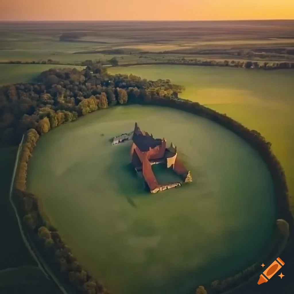 Aerial view of a medieval city in the middle of a meadow on Craiyon