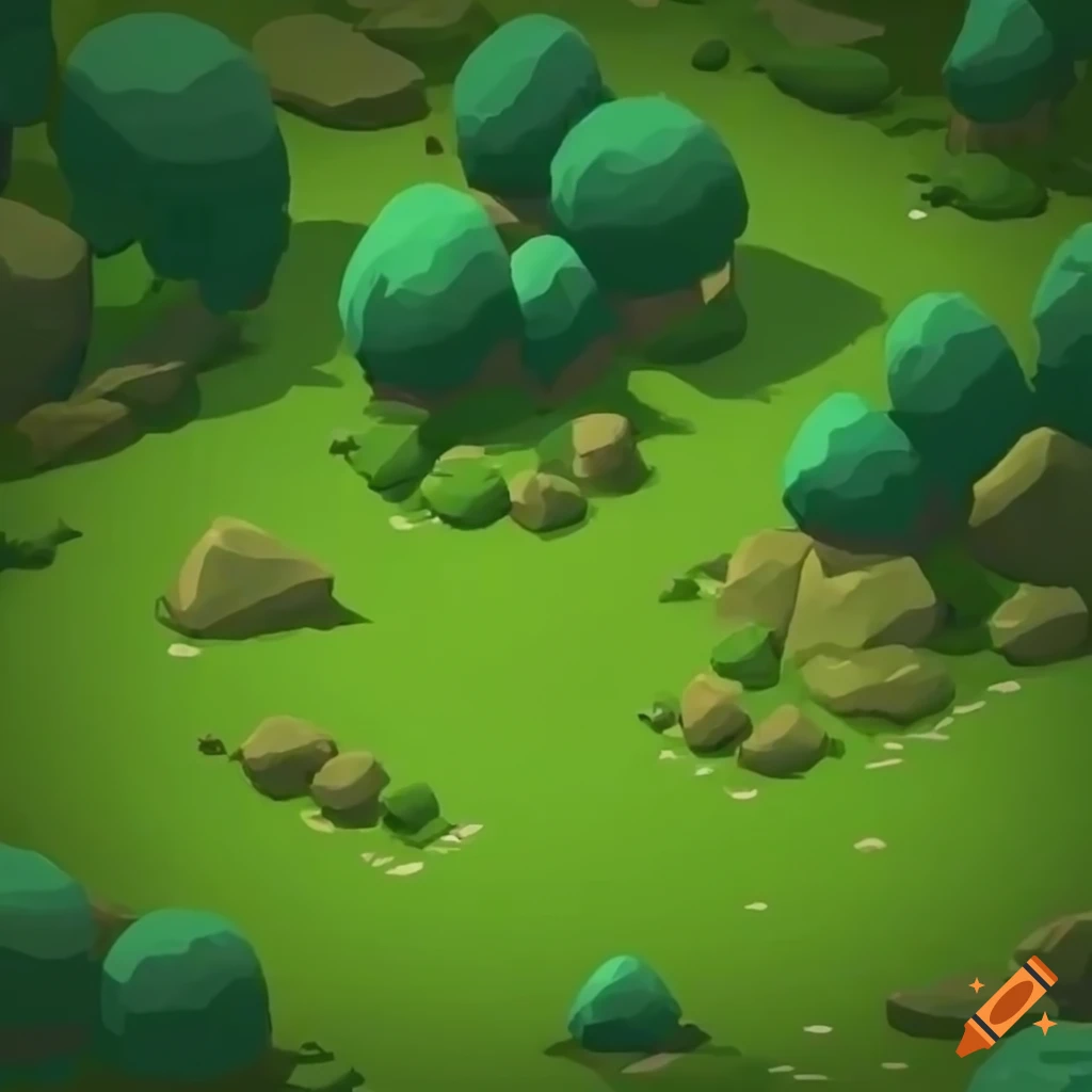 Isometric top-down view of grass, rock walls, and path in a video game ...