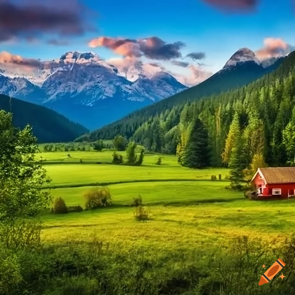 Scenic landscape with a river, farmhouse, trees, and mountains on Craiyon