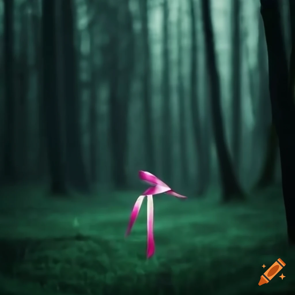 Pink ribbon floating in a dark forest on Craiyon