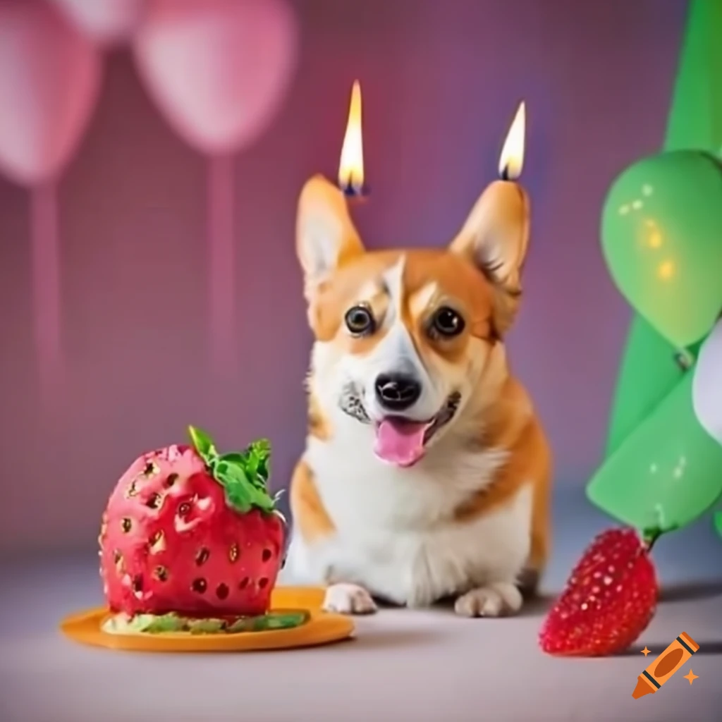Corgi dog at a birthday party with strawberry shortcake and eight ...