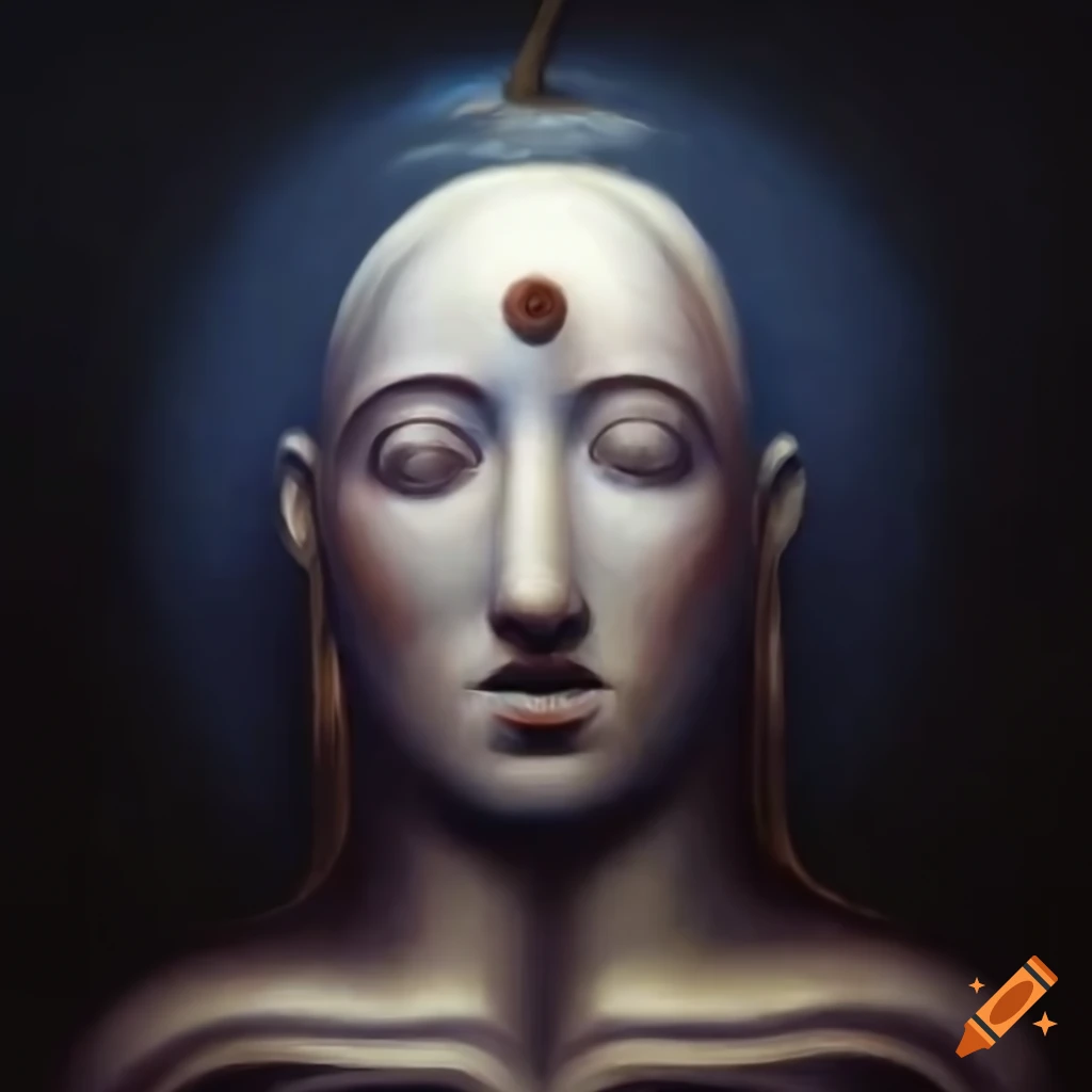 Surreal painting of full moon, humanoid figure, and vegetables in macro ...