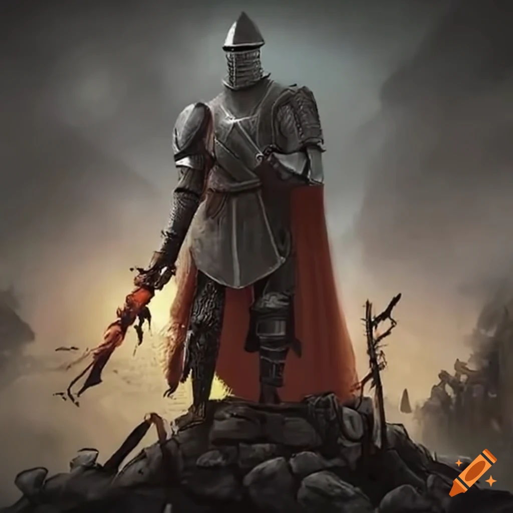 Knight standing on battlefield with looming monster on Craiyon