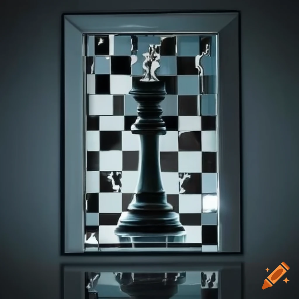 High gloss black and white chess board reflected in a mirror with ...