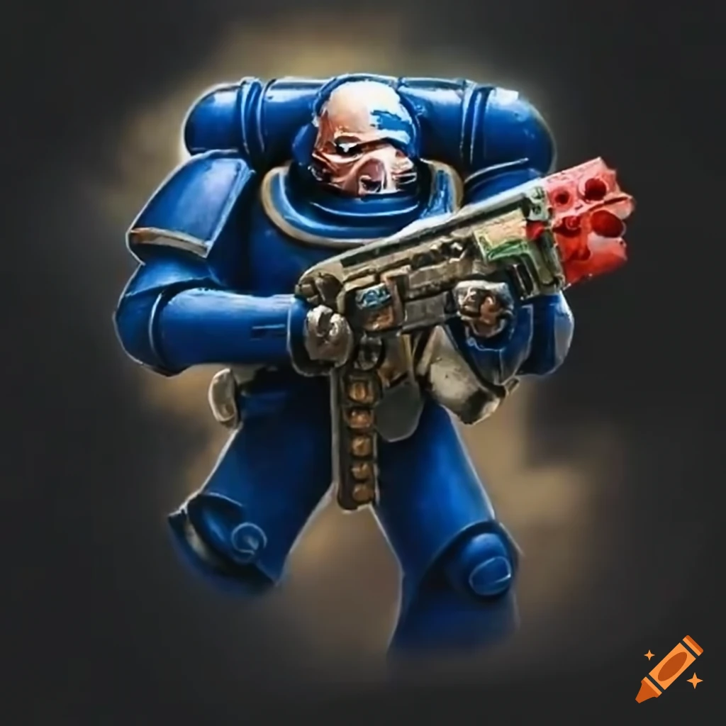 Space marine firing a bolter weapon on Craiyon